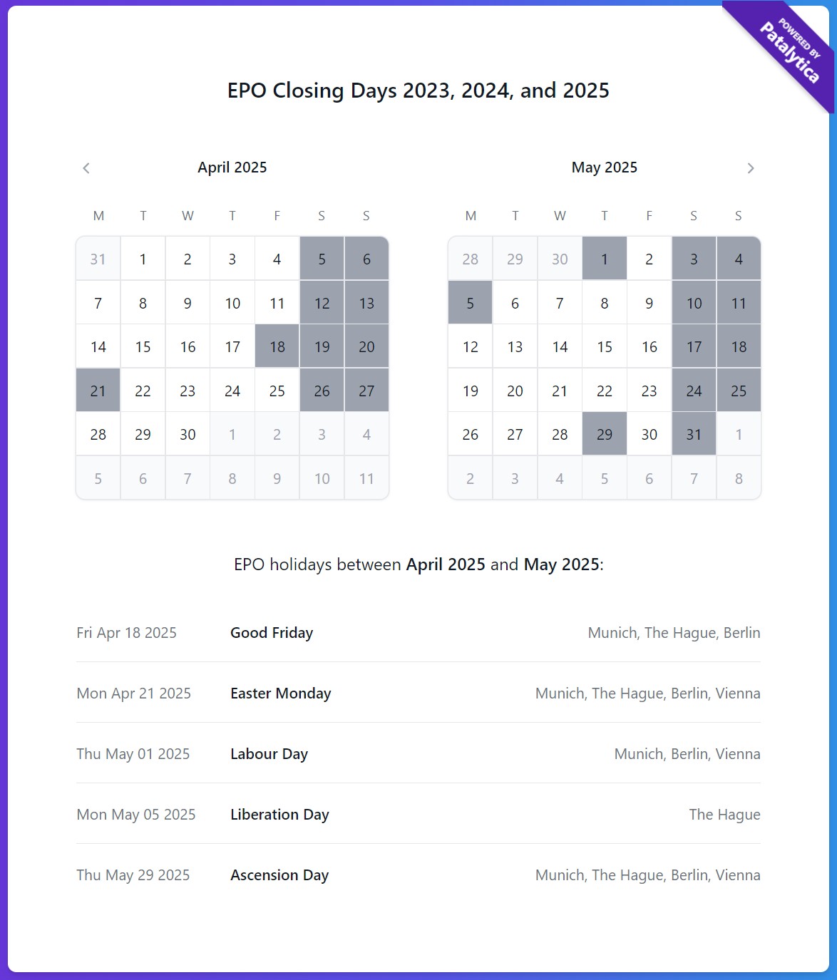 Interactive EPO Holiday Calendar for the years 2023, 2024, and 2025 ...